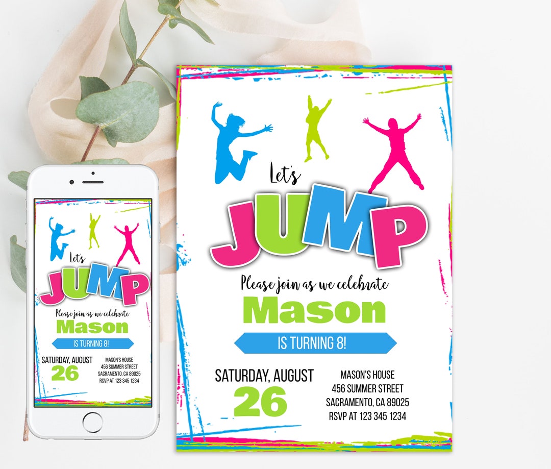 Jump Printable Birthday Invitation, Bounce Editable Invitation, Jump ...