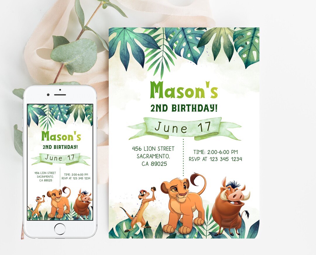 Lion King Birthday Invitation Boy Simba Jungle Animals Party Editable ...