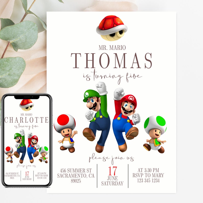 Super Mario and Luigi Birthday Invitation Digital Invite, Mario Bros ...