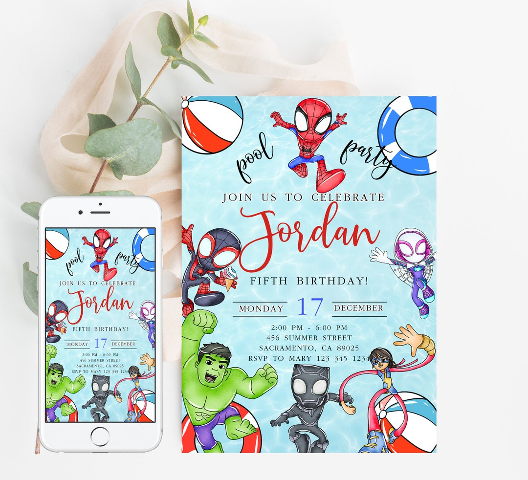 Spidey and His Amazing Friends Birthday Invitation Girl Boy Pool Party ...
