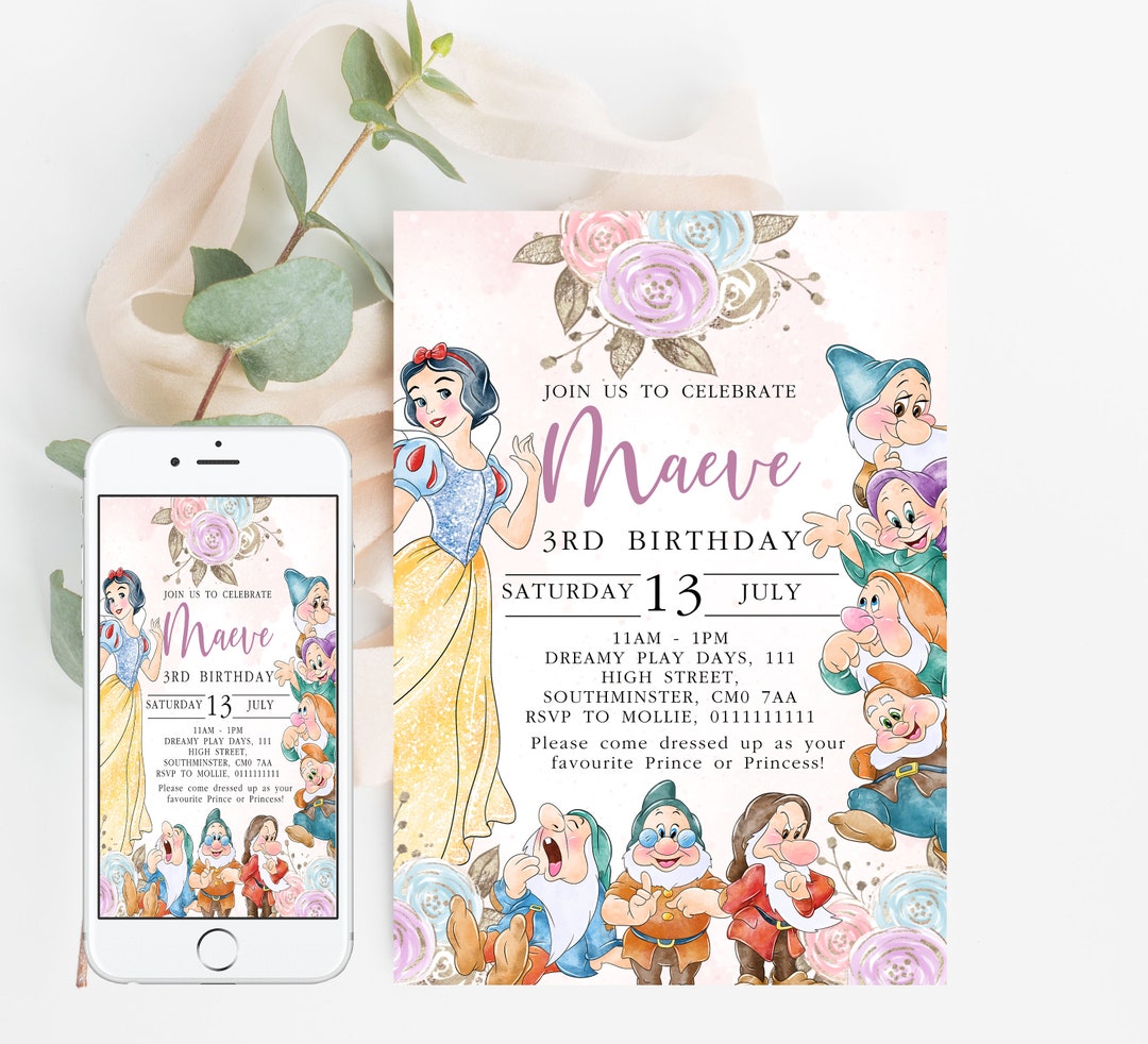 Little Princess Snow White and the Seven Dwarfs, Birthday Invitation ...