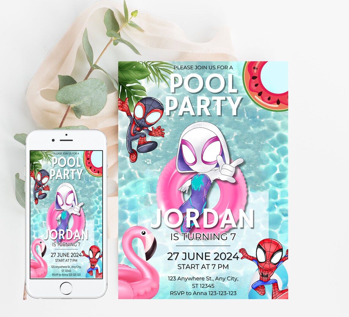 Spidey Friends Spider Gwen Pool Party Birthday Invitation Girl ...