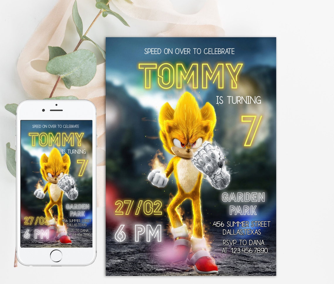 Super Sonic Birthday Digital Invitation Neon, Kids Party E-invite ...