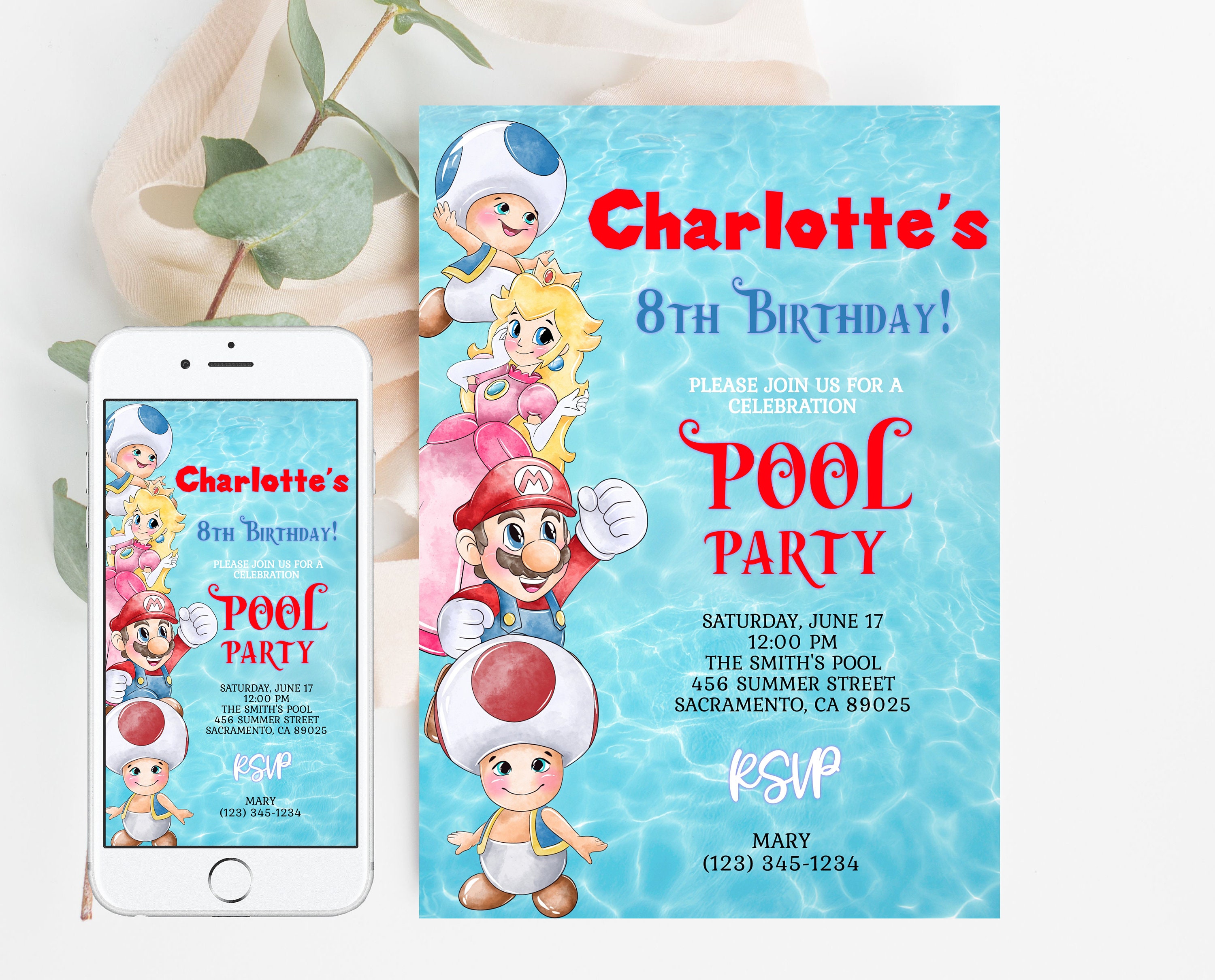 Mario Birthday Invitation Girl Boy Pool Party Editable Template Custom ...
