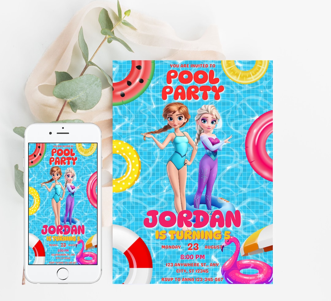 Pool Party FROZEN Invitation Elsa and Anna Birthday Invitation Summer ...
