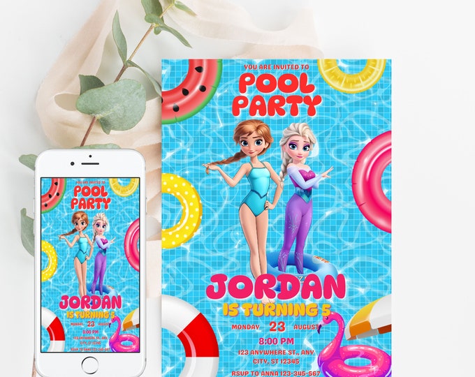 FROZEN Pool Party Elsa and Anna Birthday Invitation Summer Birthday ...