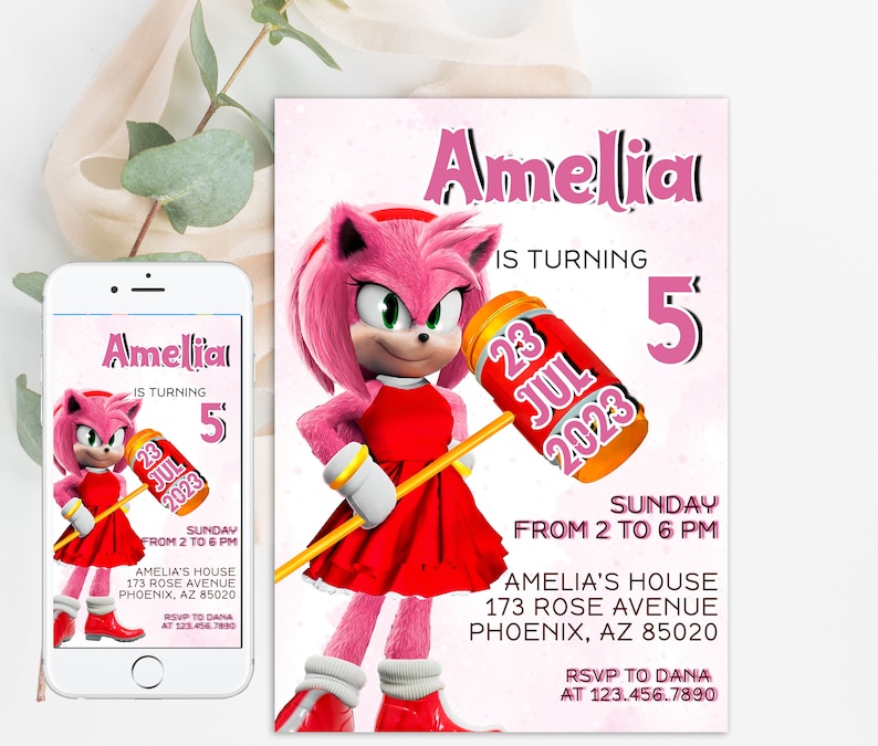 Sonic Amy Rose Birthday Digital Invitation, Kids Party E-invite ...