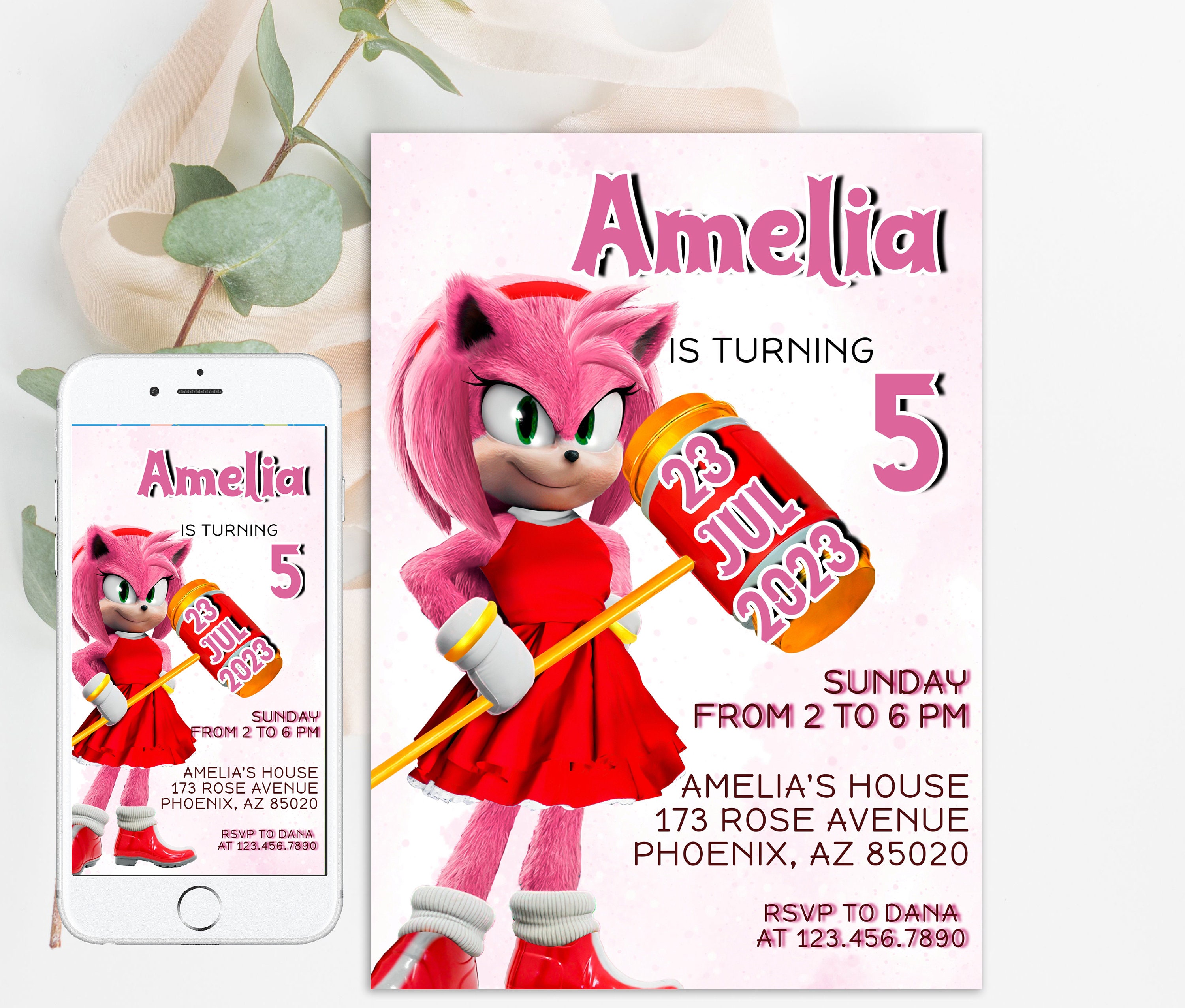 Sonic Amy Rose Birthday Digital Invitation, Kids Party E-invite ...