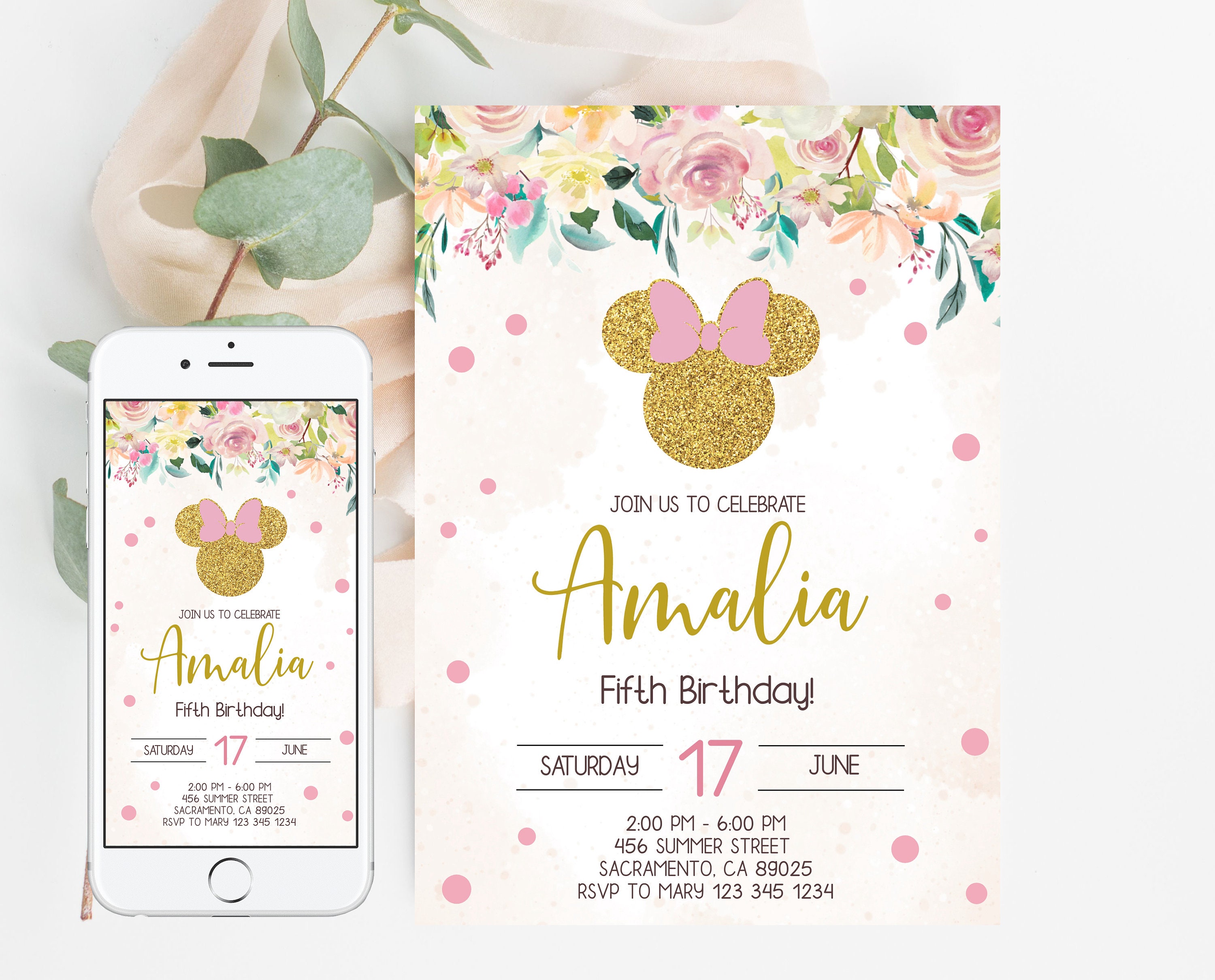 Invitación de cumpleaños de Minnie Mouse para niña, plantilla editable ...