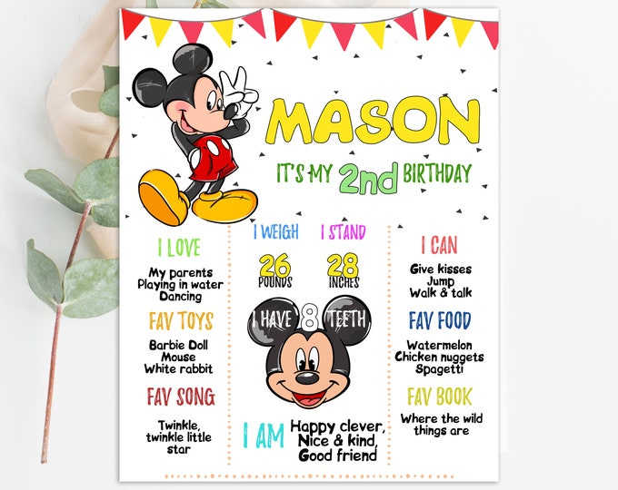 Any Age - Mickey Mouse Birthday Poster Milestone Chart Printable 24x36 ...