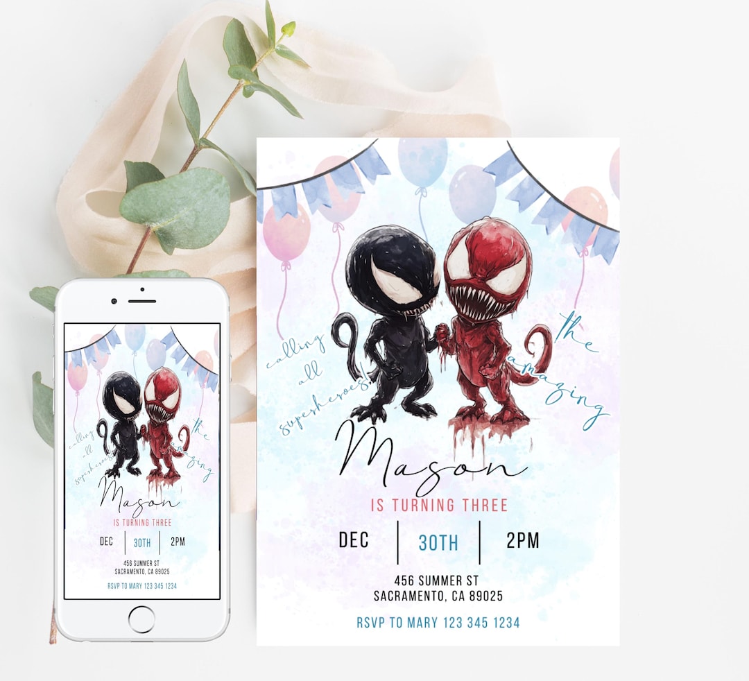 Carnage and Venom Invitation Birthday Party Invite Supervillain ...