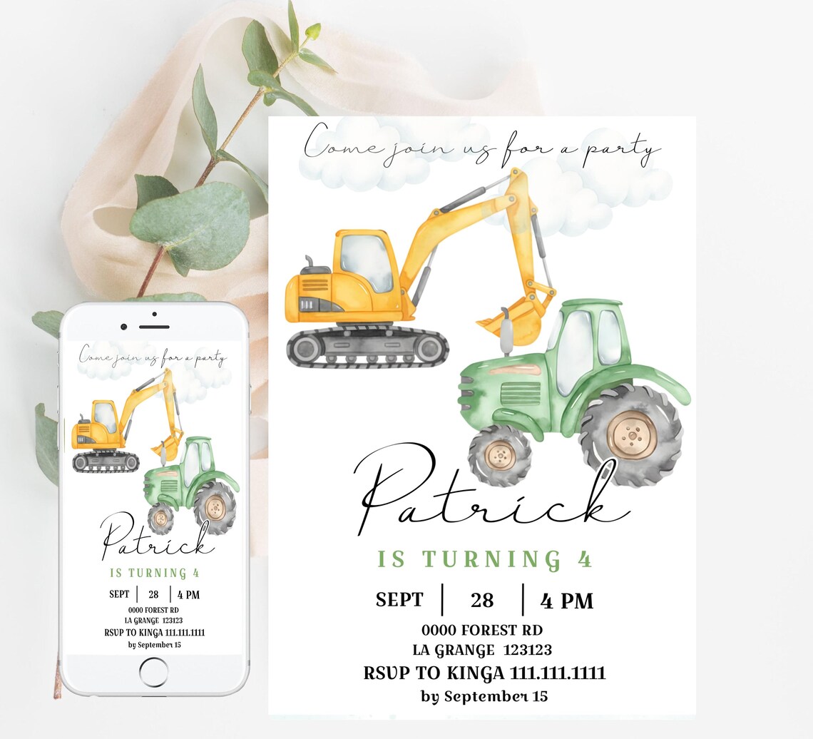EDITABLE Birthday Invitation Tractor and Excavator, Transport Party ...
