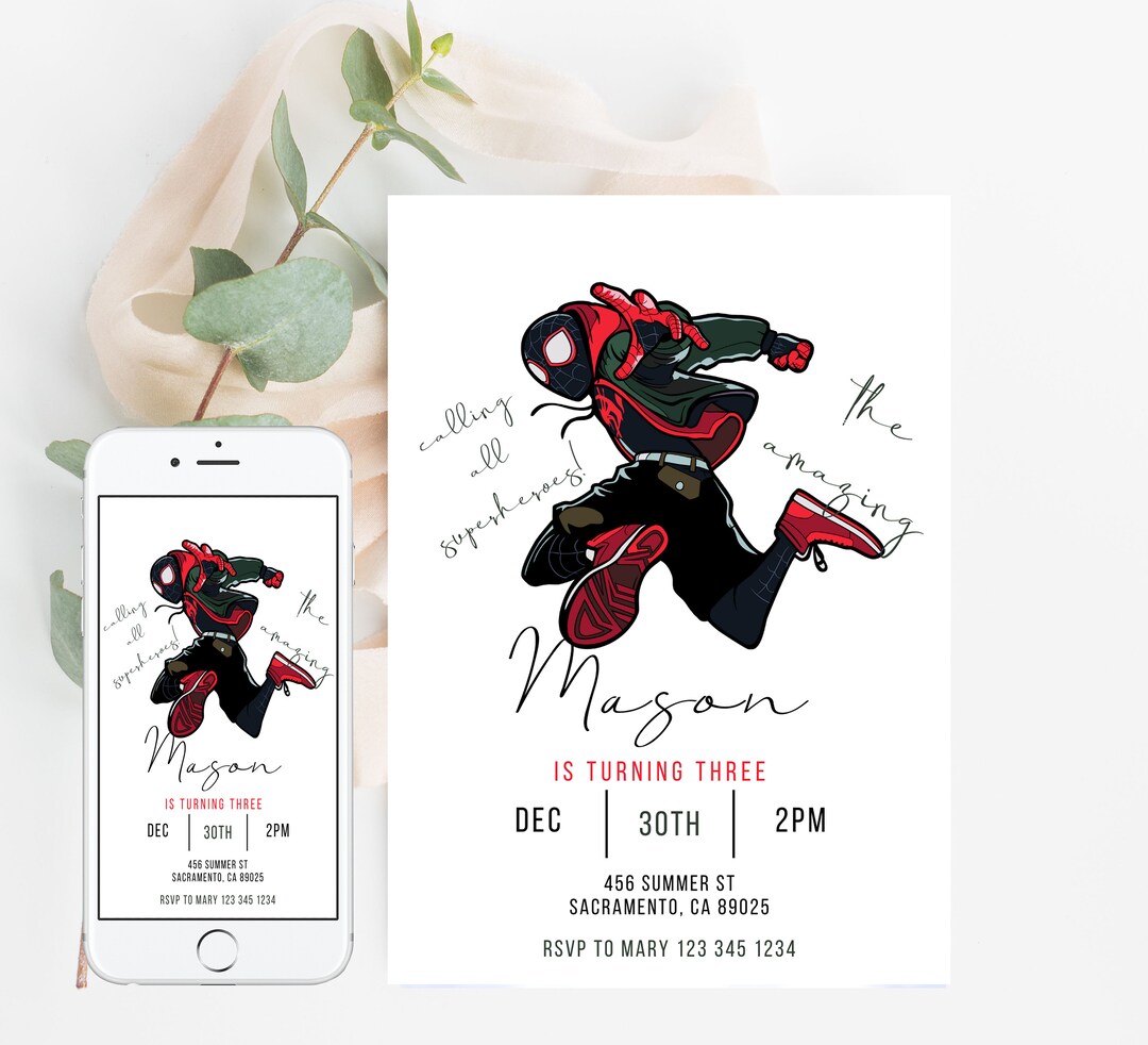 Spider Man Miles Morales Invitation Birthday Party Invite Spidey ...
