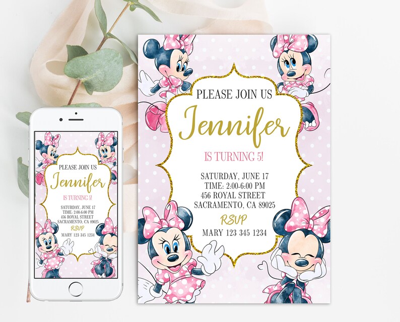 Invitación de cumpleaños de Minnie Mouse Chica Plantilla editable ...