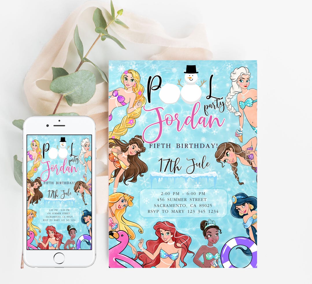 Pool Party Princess Birthday Invitation Girl Editable Template Custom ...