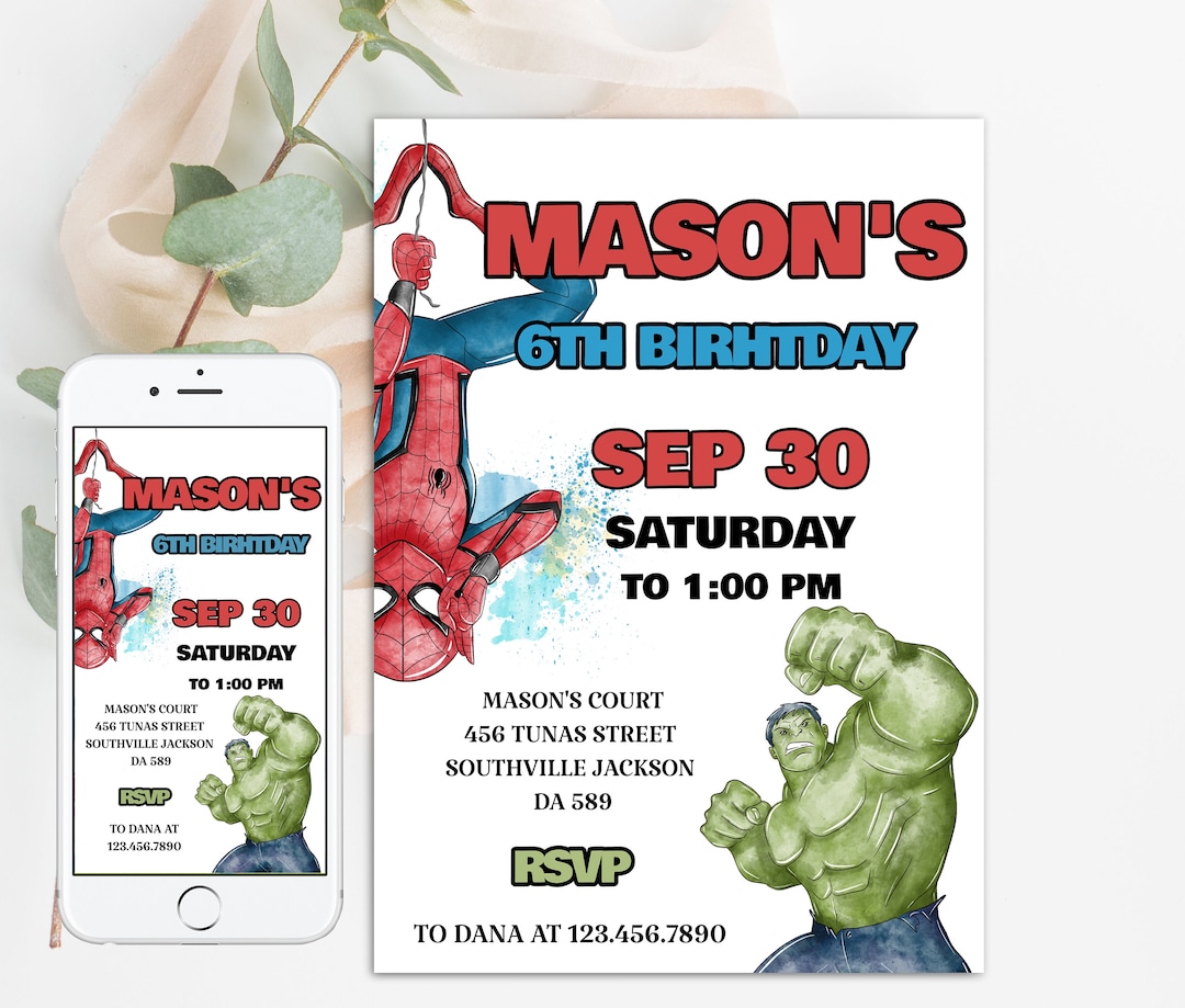 Spider Man Invitation Birthday Party Invite Hulk Birthday Invite Web ...