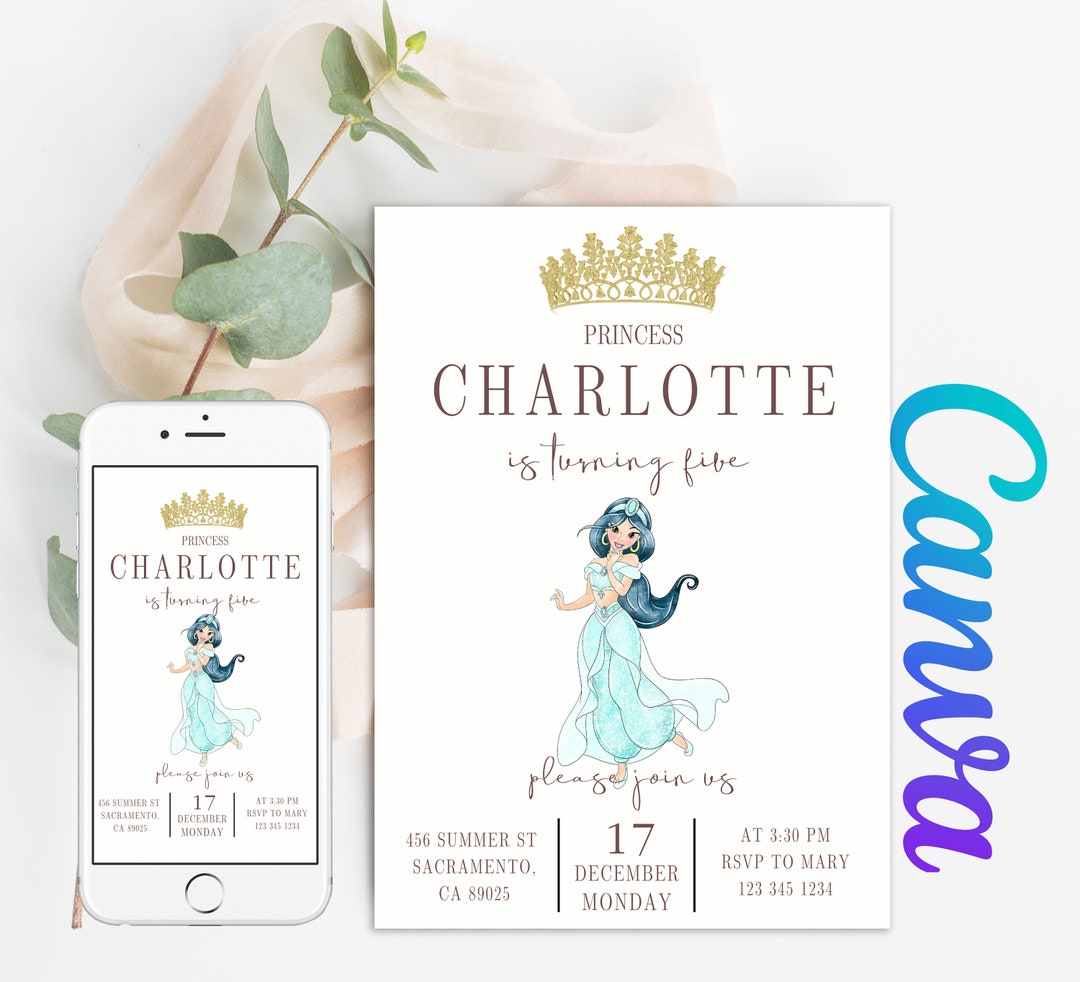 Princess Jasmine Birthday Invitation Girl Editable Template Custom ...
