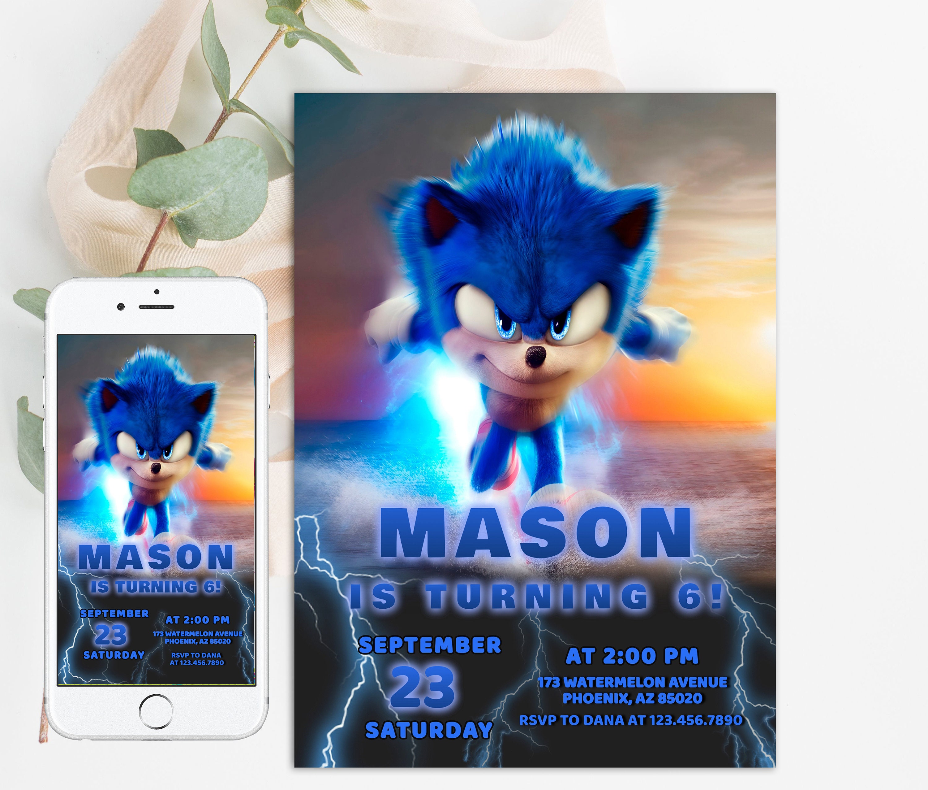 Sonic Birthday Digital Invitation, Kids Party E-invite, Thunder, Super ...