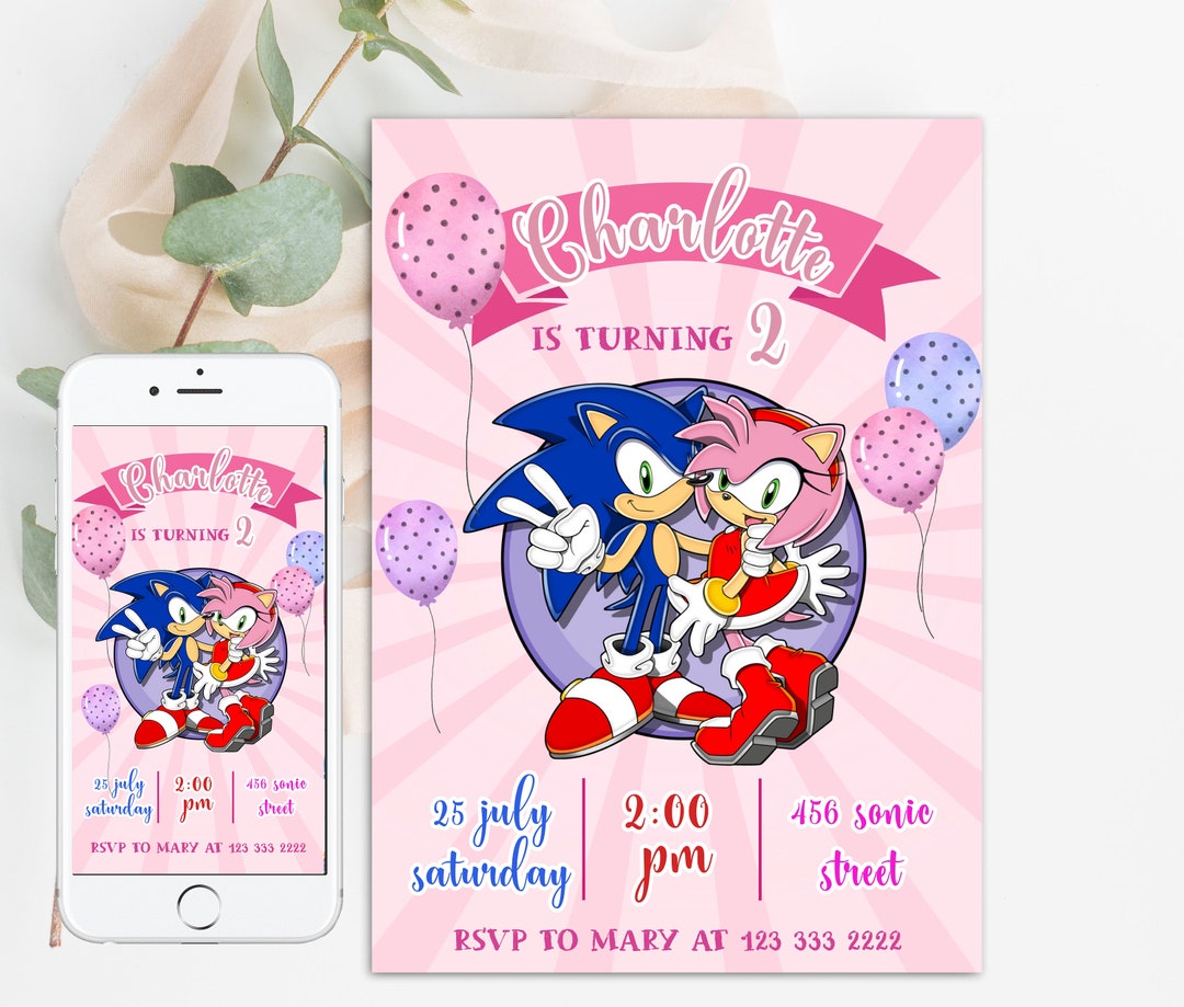 Sonic and Amy Rose Pink Birthday Digital Invitation, Kids Party E ...