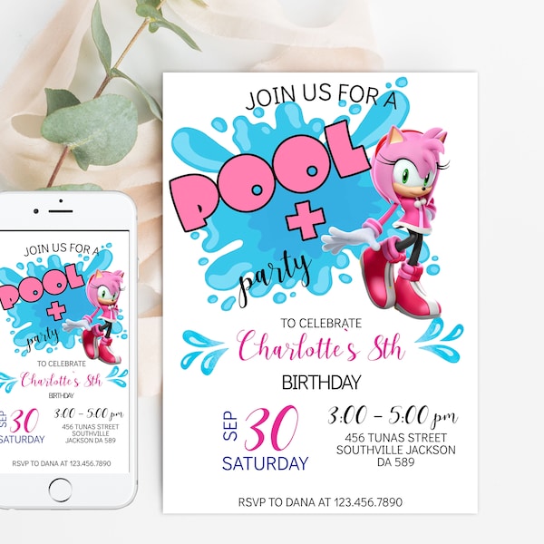 Amy Sonic Pool Party Birthday Invitation - Etsy
