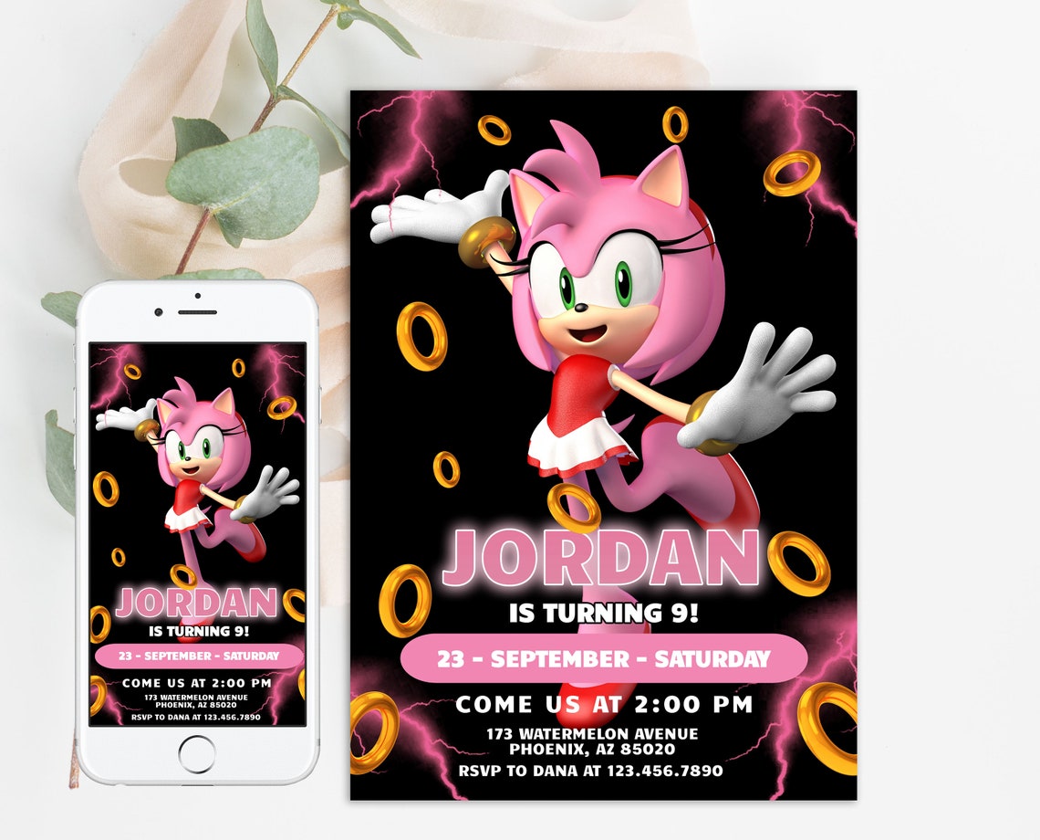 Invitación digital de cumpleaños de Sonic Amy Rose, invitación ...