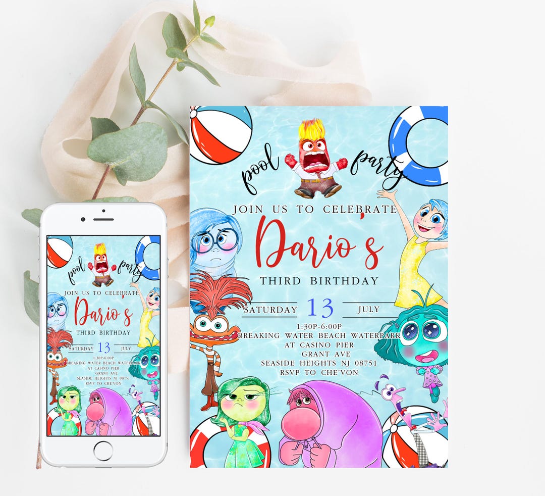 Inside Out 2 Birthday Invitation Pool Party Inside Out & Inside Out ...