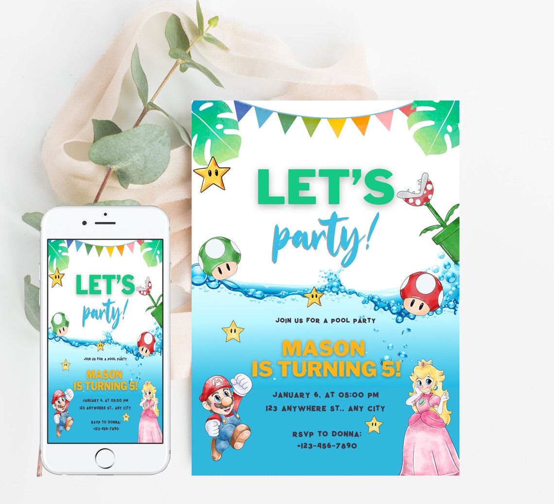Pool Party Super Mario and Princess Peach Birthday Invitation | Digital ...