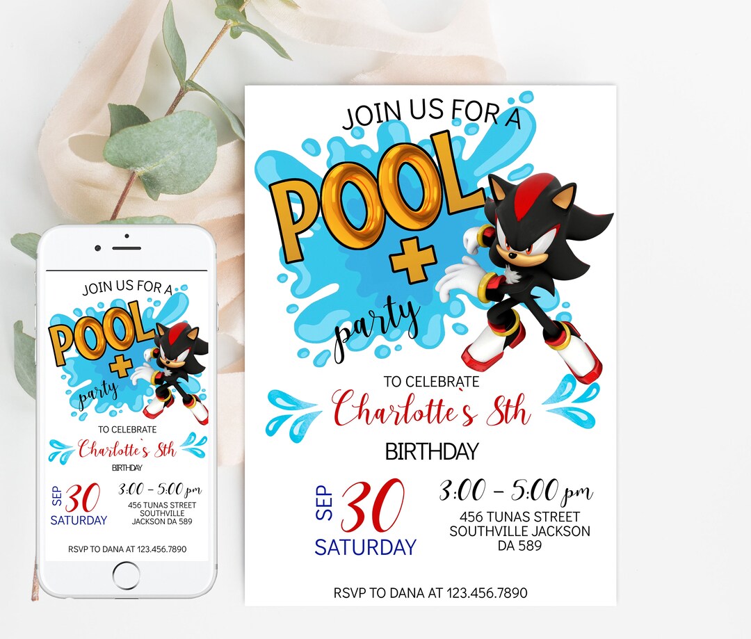Pool Party Sonic Shadow Phone Birthday Invitation the Hedgehog Template ...