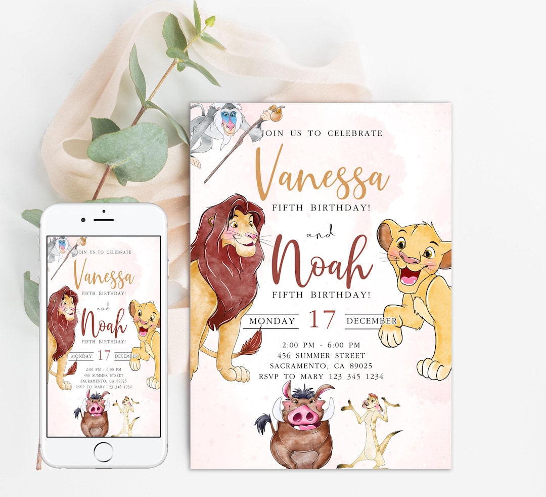Editable Lion King Double Birthday Party Invitation, Simba Birthday ...