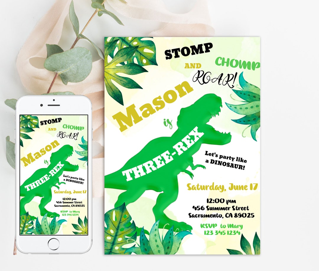 Dinosaur Three Rex Invitation Boy, Dino Birthday Invitation, Three Rex ...