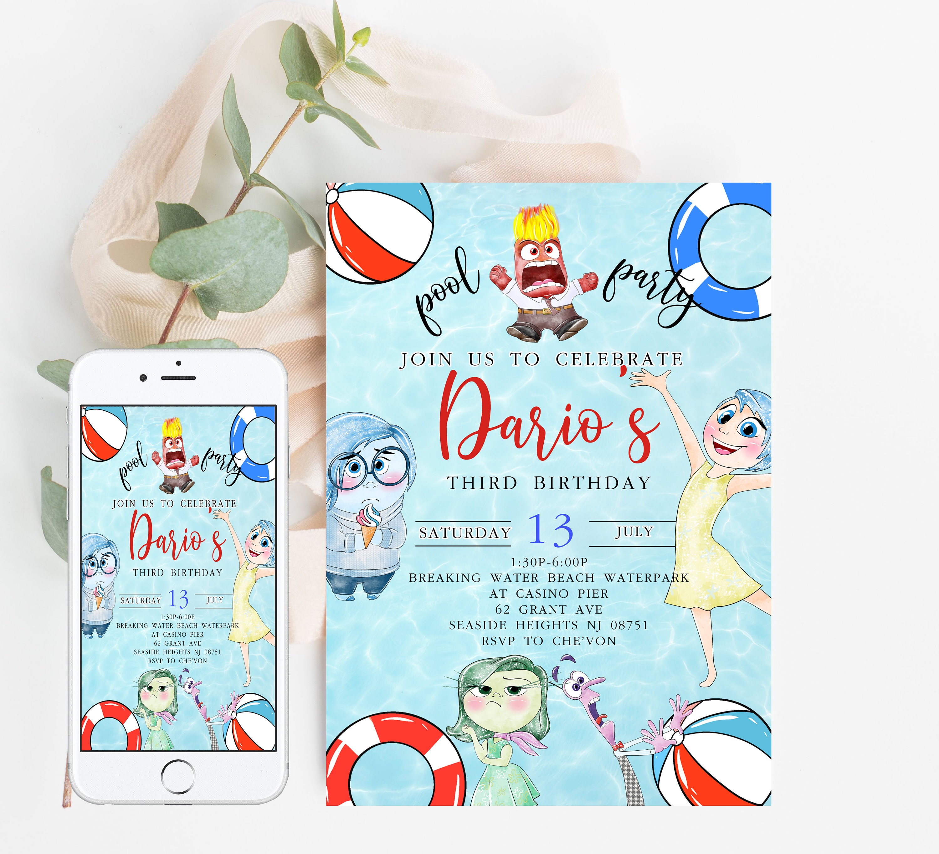 Inside Out 2 Birthday Invitation Pool Party Inside Out & Inside Out ...