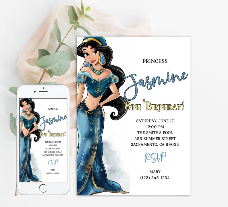Princess Jasmine Birthday Invitation Girl Editable Template Custom ...