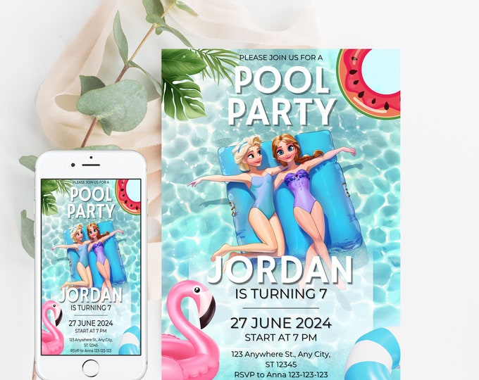 FROZEN Pool Party Elsa and Anna Birthday Invitation Summer Birthday ...