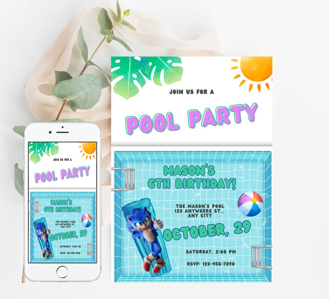 Pool Party Sonic Phone Birthday Invitation the Hedgehog Template, Pool ...