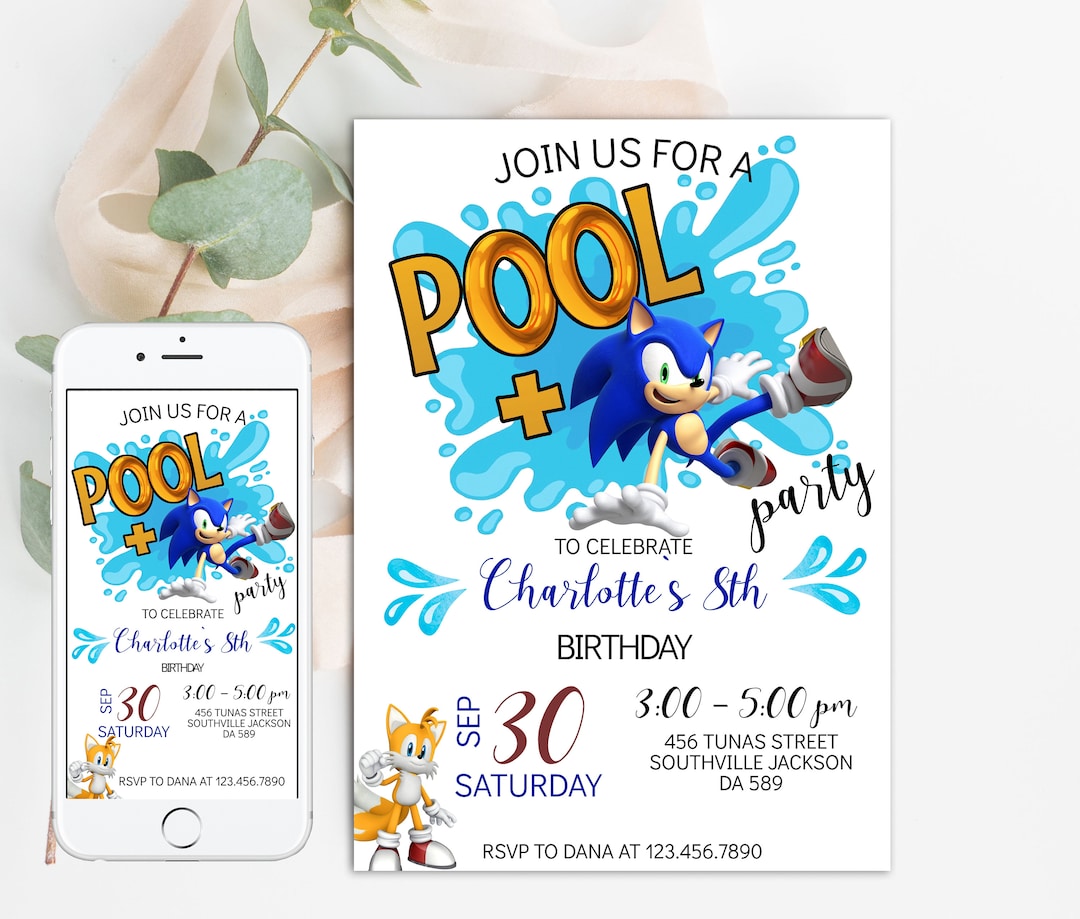 Pool Party Sonic Phone Birthday Invitation the Hedgehog Template, Pool ...
