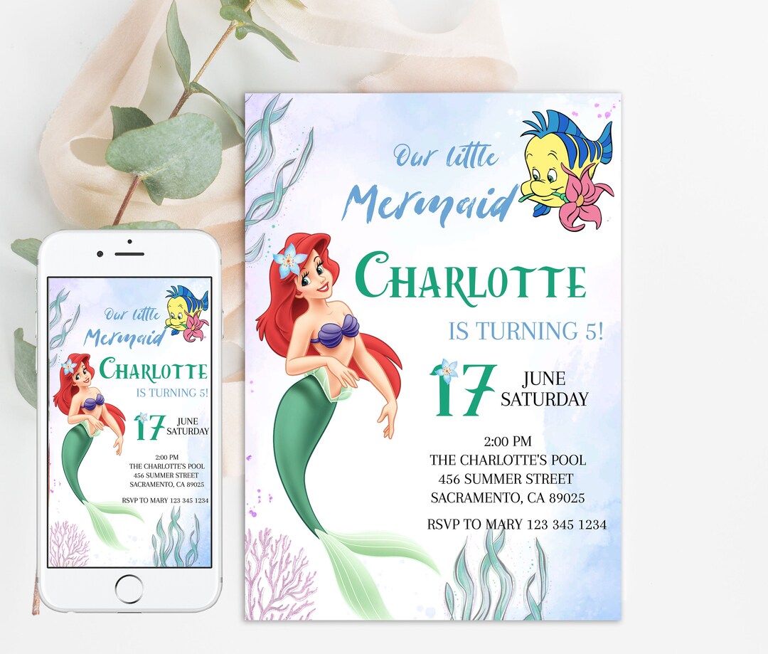 Little Mermaid Ariel Princess Birthday Invitation Girl Editable ...