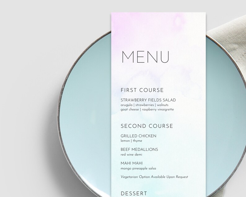 Cotton Candy Watercolor Menu Template Printable Menu - Etsy