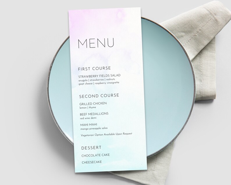 Cotton Candy Watercolor Menu Template Printable Menu - Etsy