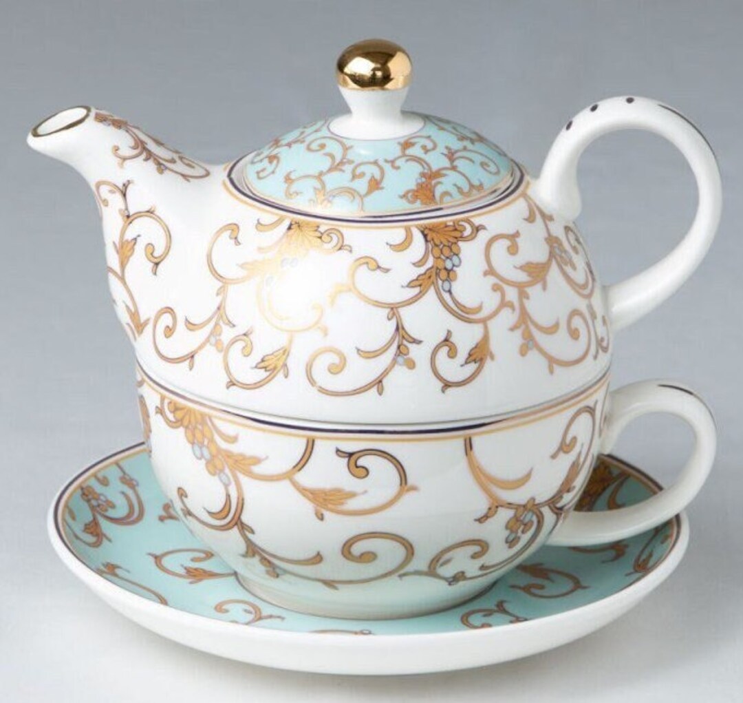 Aqua Scroll Fine Porcelain Tea Pot for One, Tea Pot With Metallic ...
