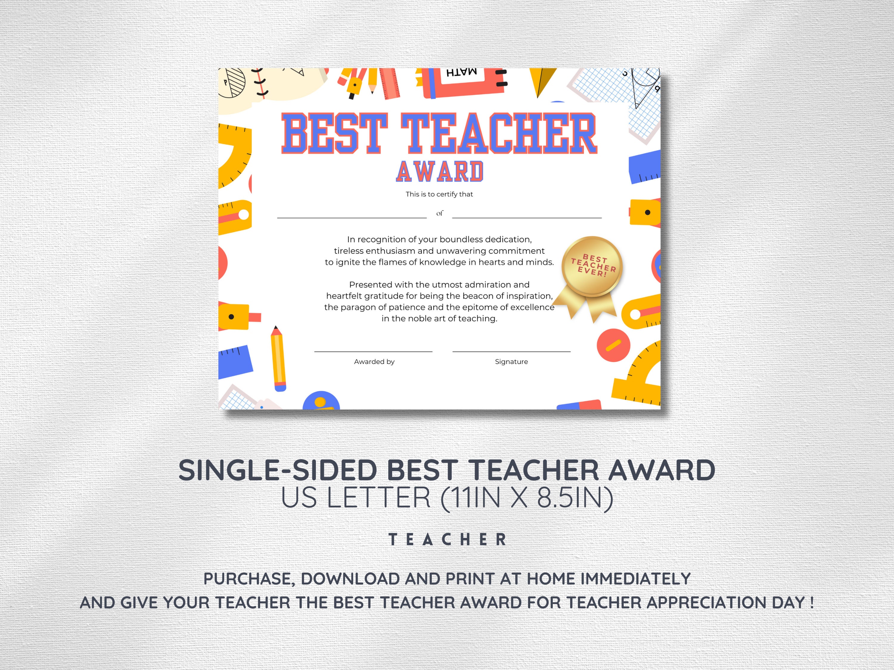 Teacher Thank You Gift Printable Award, Best Teacher Award for Teacher ...