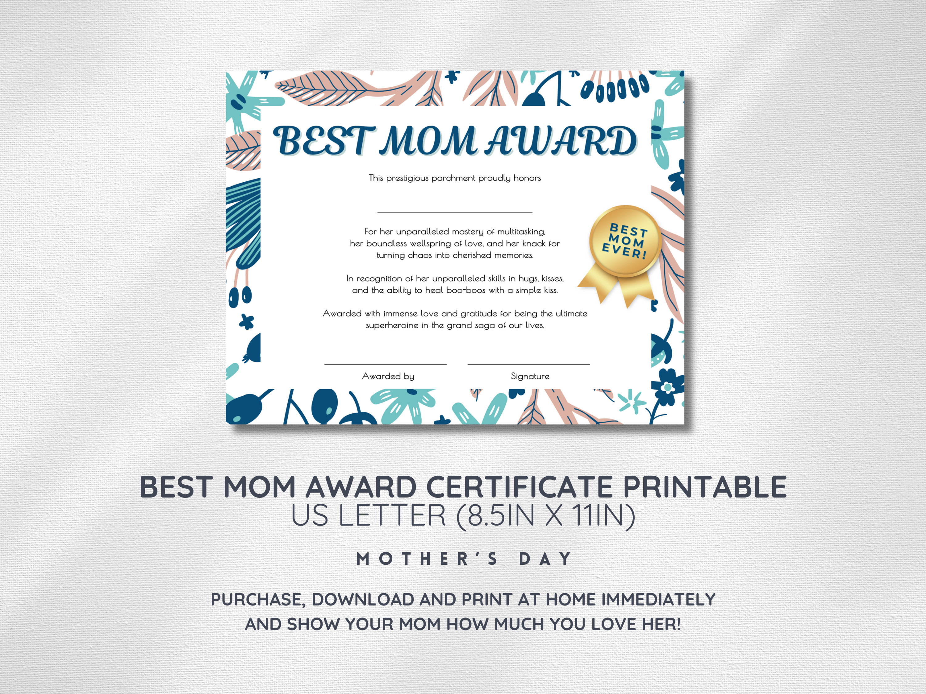 Printable Award Gift for Mom From Kids, Best Mom Award for Mother's Day ...