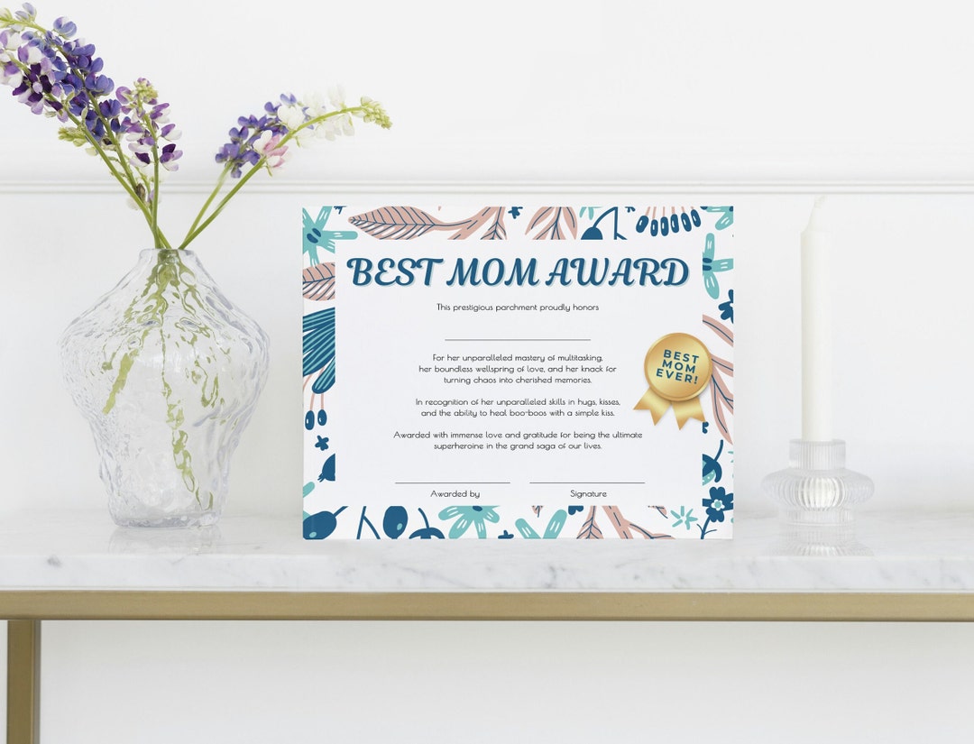 Printable Award Gift for Mom From Kids, Best Mom Award for Mother's Day ...