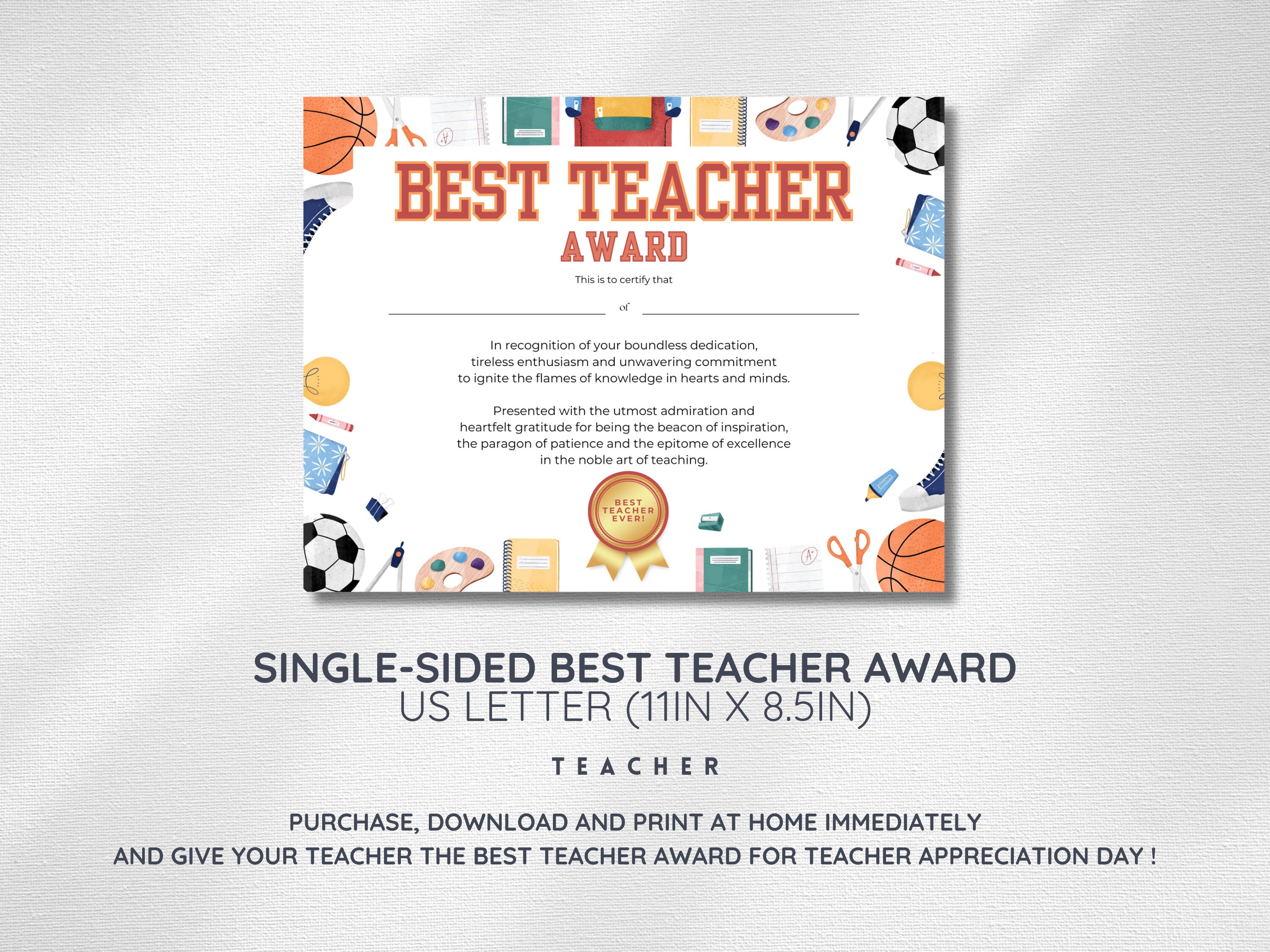 Best Teacher Award for Teacher Appreciation Week, Printable Teacher ...