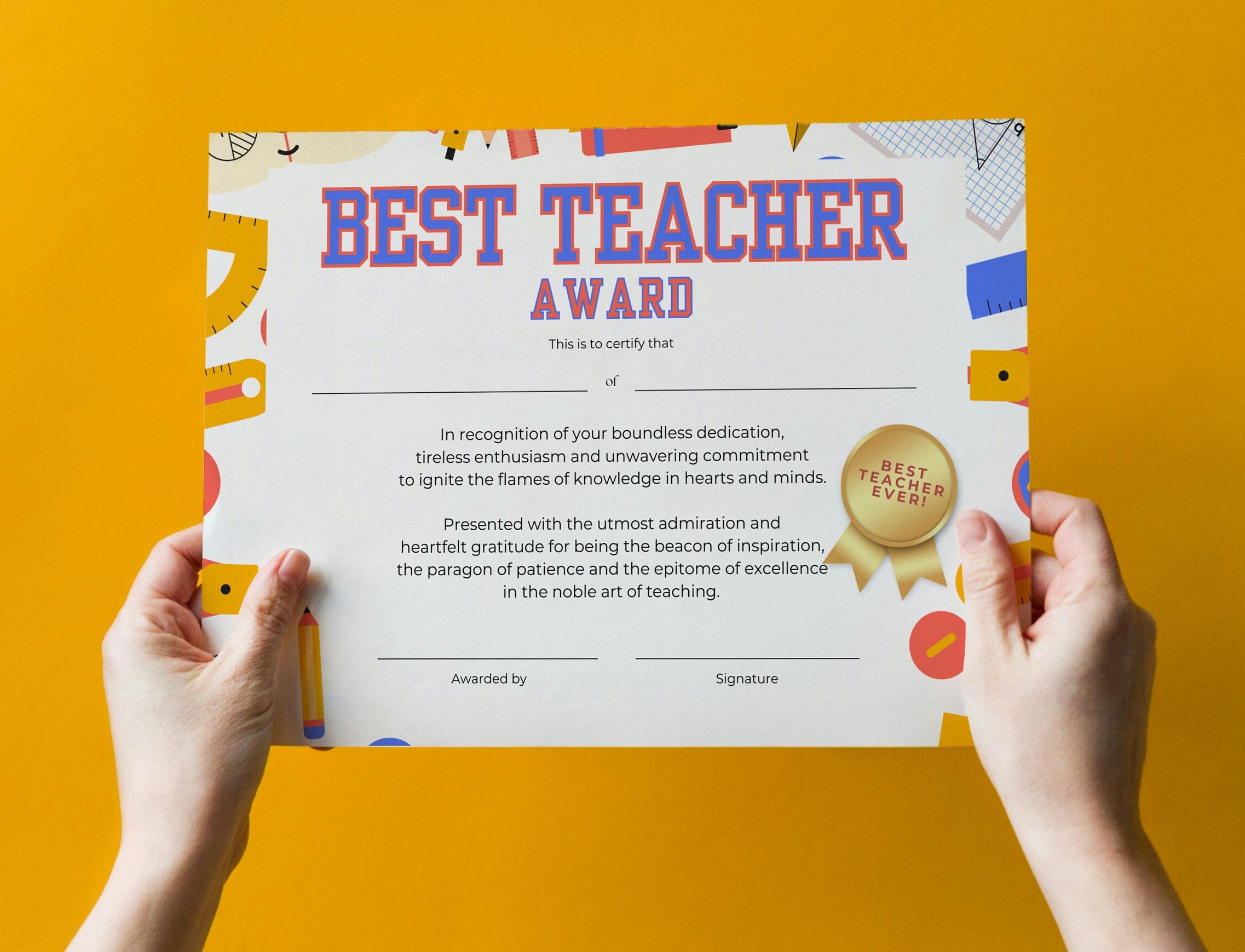 Teacher Thank You Gift Printable Award, Best Teacher Award for Teacher ...