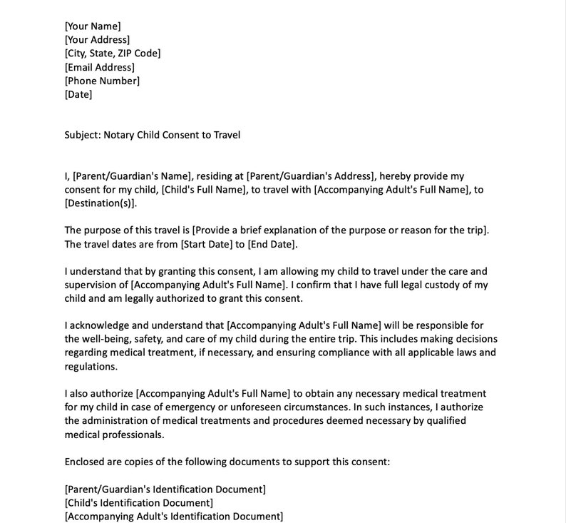 Child Travel Consent Form | Editable Minor Authorization (word Doc) - Etsy
