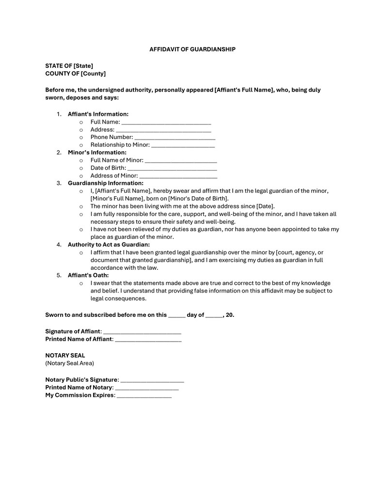 Child Affidavit of Guardianship - Etsy
