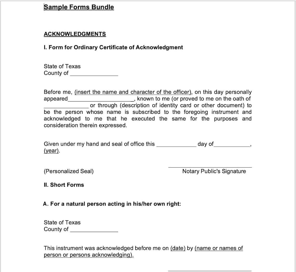 Texas Notary Forms Bundle – Printable Acknowledgment, Jurat, Affidavit ...