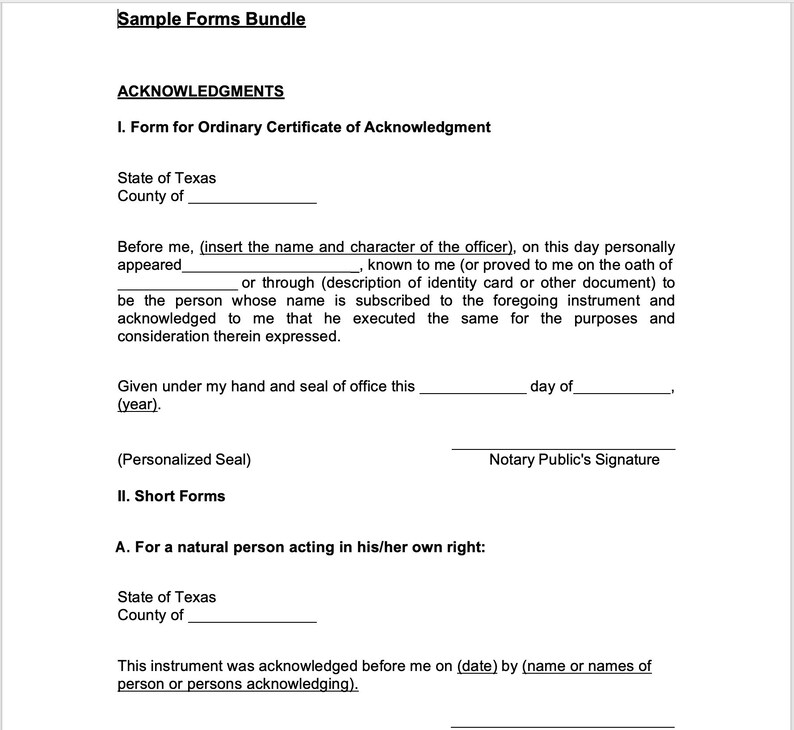 Texas Notary Forms Bundle – Printable Acknowledgment, Jurat, Affidavit ...