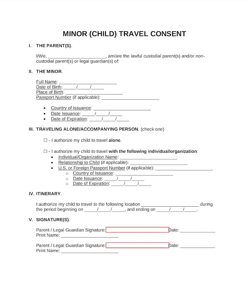 Multiple Minor (s) Single Consent to Travel Form Template | Notarized ...