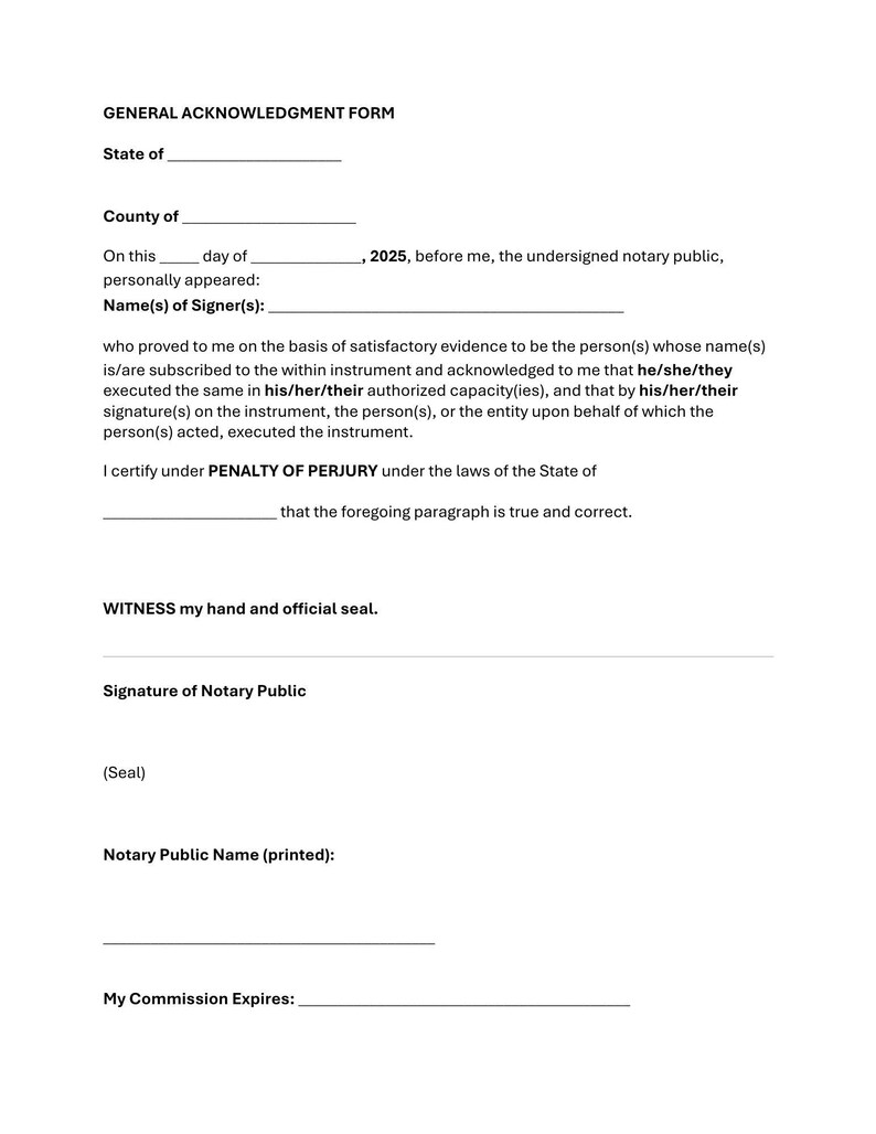 Editable General Acknowledgment Form (DOCX) – Printable Notary Template ...